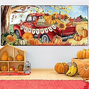 Preboun Fall Thanksgiving Garage Door Banner 6 x 13ft Extra Large Red Car Pattern Happy Fall Garage Door Decorations Backdrop with String Pumpkins Garage Door Cover for Outside Party Wall Window Yard