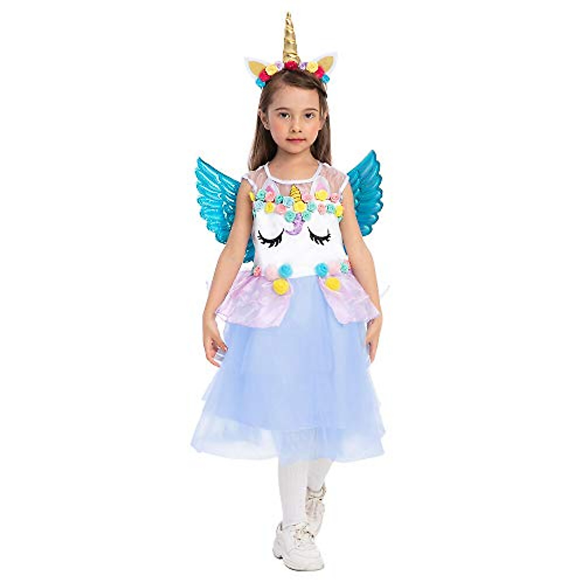 Spooktacular Creations Unicorn Princess Pageant Flower Girl Tutu Dress Rainbow Skirt with Headband and Wings for Kids (Blue, Small)