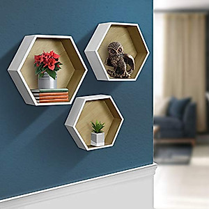 Sorbus® Floating Shelf Hexagon Set — Honeycomb Wall Mounted Shelves, Decorative Hanging Display for Collectibles, Photos Frames, Plants, and More (Set of 3 – White)