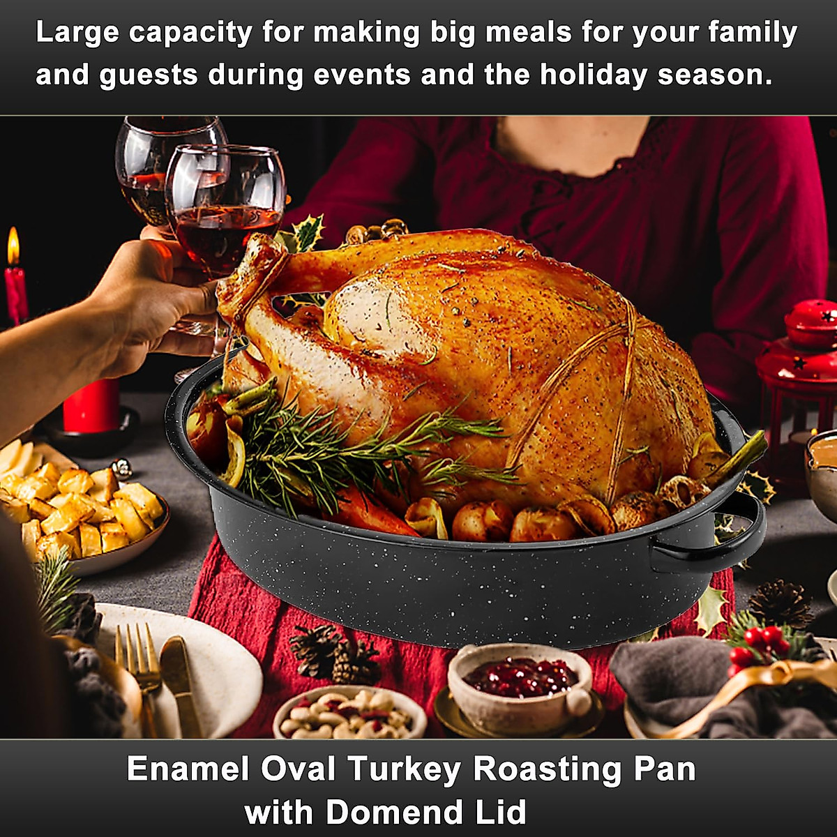 17.5 Inch Roaster Pan, Enamel Oval Turkey Roasting Pan with Domed Lid - Mother's Gift, Covered, Non-sticky, Free of Chemicals - Rôtissoire Chicken Meat Roasts Casseroles & Vegetables (17.5 Inch)