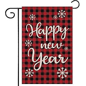 ZYP Happy New Year Burlap Garden Flag, Double Sided 12.5 x18.5 Inch Decorative Red Plaid New Year Christmas Winter Garden Yard Banner Flag Lawn Outdoor Decoration