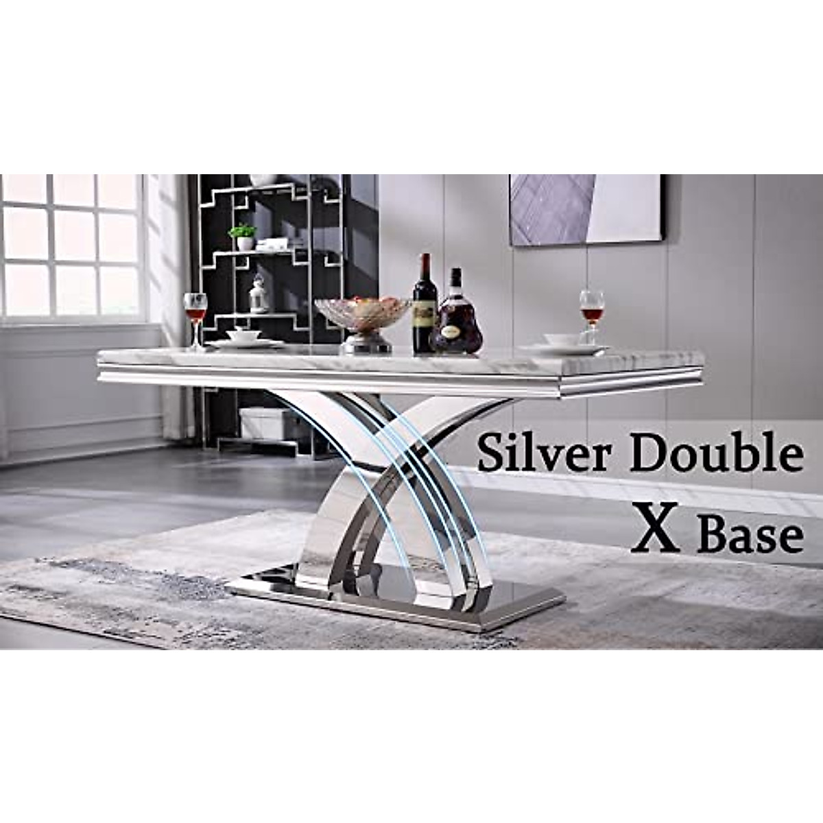 AZhome Dining Room Table, 65" White Dining Room Table, Grey Rectangle Tabletop and Silver Mirror Metal Double X Base, Modern Luxury Dining Table Set for 4 to 6 Dining Room