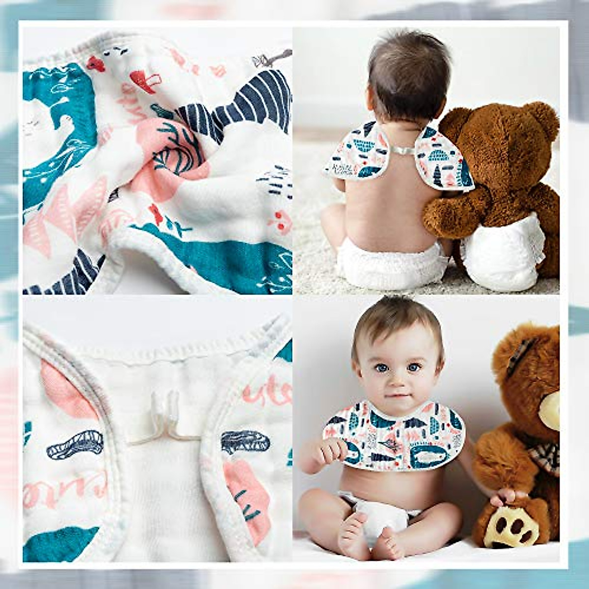 GROBRO7 5Pcs Baby Muslin Burp Cloths Burping Bids for Baby Cotton 6 Layers Extra Absorbent Machine Washable Soft Large Cartoon Face Towels Nursery Gift Gentle for Newborn Girls Boys 9x23inch