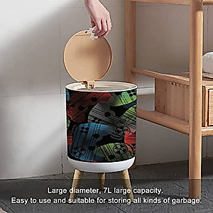 Trash Can with Lid Seamless Bright with joysticks Gaming Cool Print for Boys and Girls Press Cover Small Garbage Bin Round with Wooden Legs Waste Basket for Bathroom Kitchen Bedroom 7L/1.8 Gallon