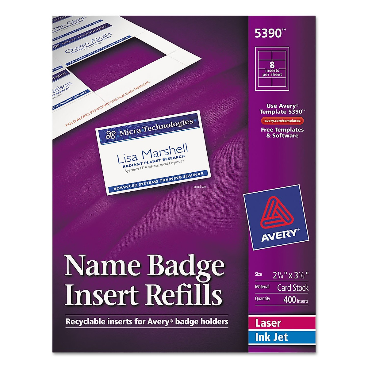 Avery 5390 Insert Badge Refill, Fits 2-1/4-Inch X3-1/2-Inch, 8/Sht, 400/Bx, We