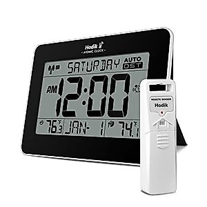 HODIK Atomic Clock with Indoor Outdoor Temperature Wireless, Large 11.4 Inch LCD Display for Easy Reading, Self-Setting Battery Powered Table Clock or Wall Clock with High Precision Sensor