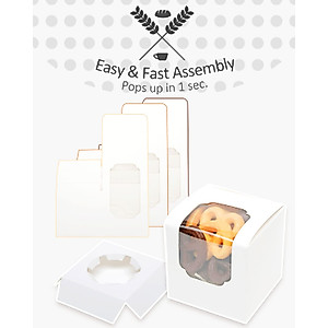 qiqee 60-Packs Cupcake Boxes Auto-pop up Individual Cupcake Container White 3.5" x 3.5" x 3.5" Single Cupcake Boxes