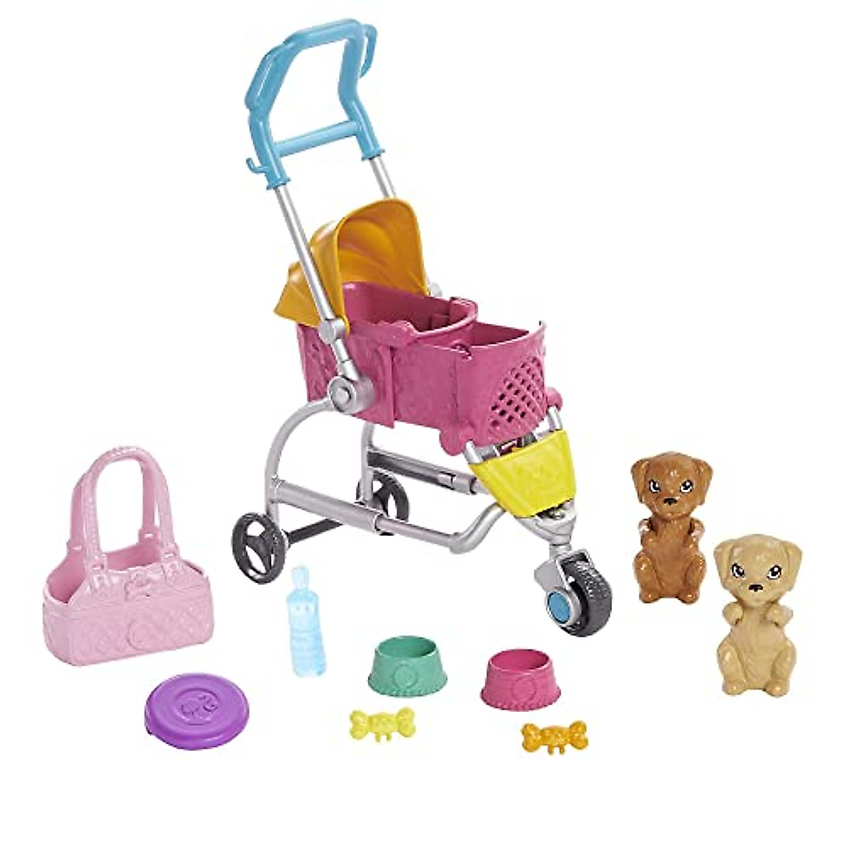 Barbie Dogwalking Doll & Accessories, Stroll & Play Pups Playset with Transforming Stroller, 2 Pets & Handbag, Blonde Doll