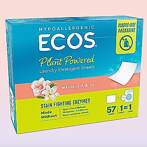 ECOS Laundry Detergent Sheets - Vegan, No Plastic Jug, No Mess & Liquid Free - Laundry Sheets in Washer - Hypoallergenic, Plant Powered Laundry Detergent Sheets - Magnolia & Lily, 57 Count (Pack of 2)