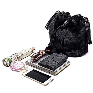 Van Caro Women’s Faux Fur Drawstring Bucket Bag Shoulder Crossbody Bag, Black