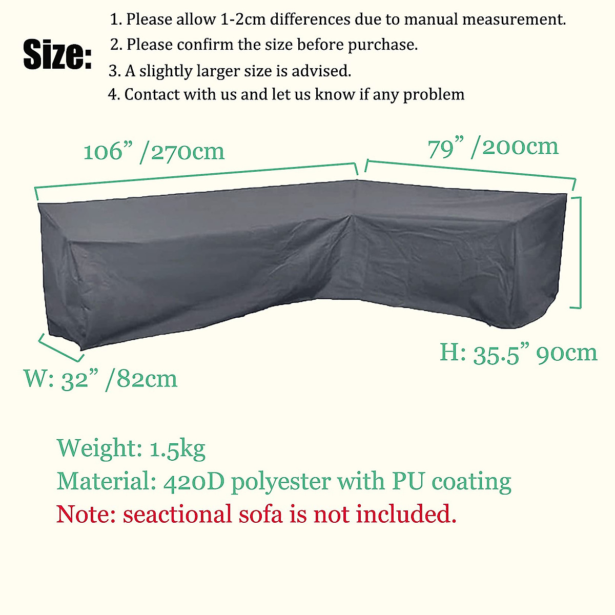 J&C Patio Furniture Covers Left L Shape Patio Sectional Covers Waterproof Outdoor Sofa Cover Heavy Duty 420D Patio Sectional Sofa Cover Outdoor Furniture Covers Grey Sectionals 106x79 Inch