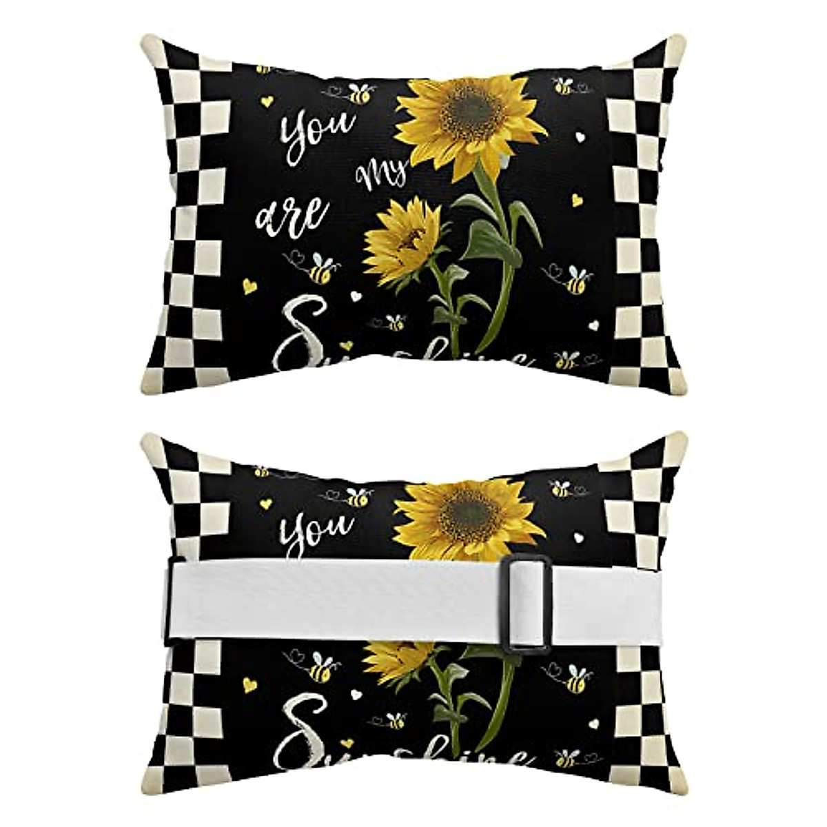 Recliner Head Pillow Ledge Loungers Chair Pillows with Insert Farmhouse Sunflower Black and Beige Buffalo Plaid Lumbar Pillow with Adjustable Strap Patio Garden Cushion for Sofa Bench Couch, 2 PCS