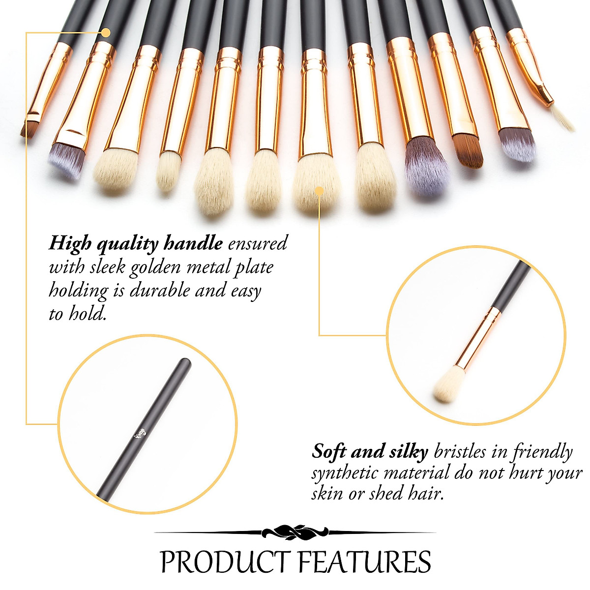 Qivange Synthetic Hairs Eyeshadow Brush Set 12PCS Black Rose Gold Makeup Brush Set for Concealer Eyebrow Eyeliner Eye Shadow Blending