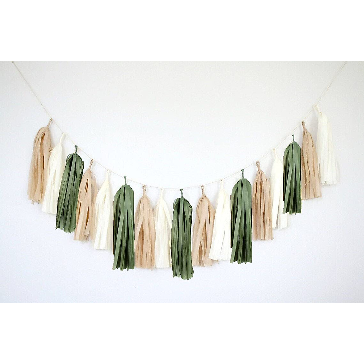 15 Pcs DIY Olive Green Tan Brown Nude Cream Tissue Paper Tassel Garland Party Banner for Eucalyptus Greenery Baby Shower Woodland Jungle Tropical Nature Theme Birthday Wedding Party Decoration