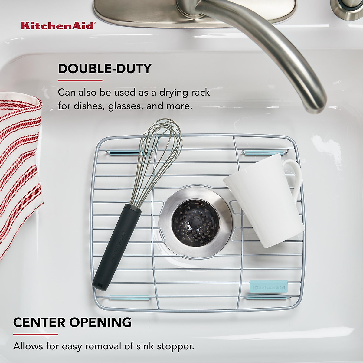 KitchenAid Rust Resistant Small Protector with Non Slip Feet and Center Opening for Sink Stopper and Quick Drying, 10.5 x 12.5 x 1.4 Inch, Mineral Water