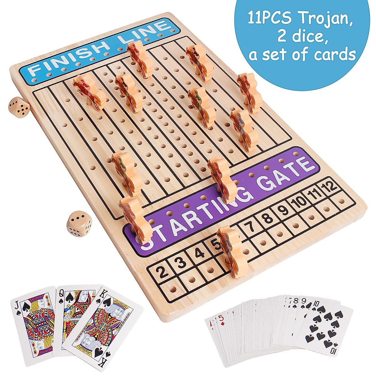 BEAUAM Horse Racing Board Game Wooden Challenge Toy Poker with 11 Durable Horses Dice & Cards for Kids Family Game Brain Teaser Gamble Game Chess