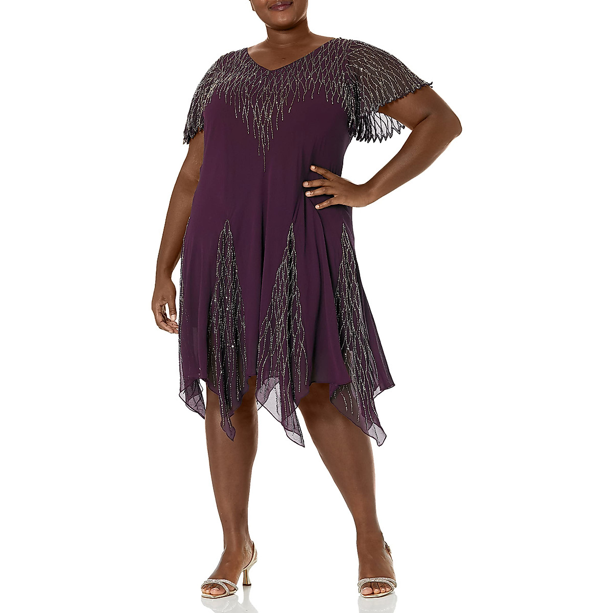 J Kara Women's Plus Size Short Beaded Godet Dress, Wine/Mercury, 20W