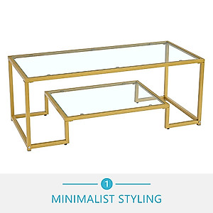 Golden Metal Glass Coffee Table - Two-Tiered with Tempered Glass, Stylish Metal Frame Coffee Table for Bedroom, Dining Room, Office Room.