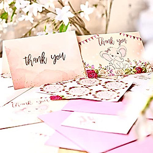 Baby Shower Thank You Cards - Set of 48 Cute Baby Thank You Cards with Envelopes and Stickers - Adorable 4x6 Small Blank Thank You Notes for Boy or Girl - Gold Floral and Pink Elephant Theme