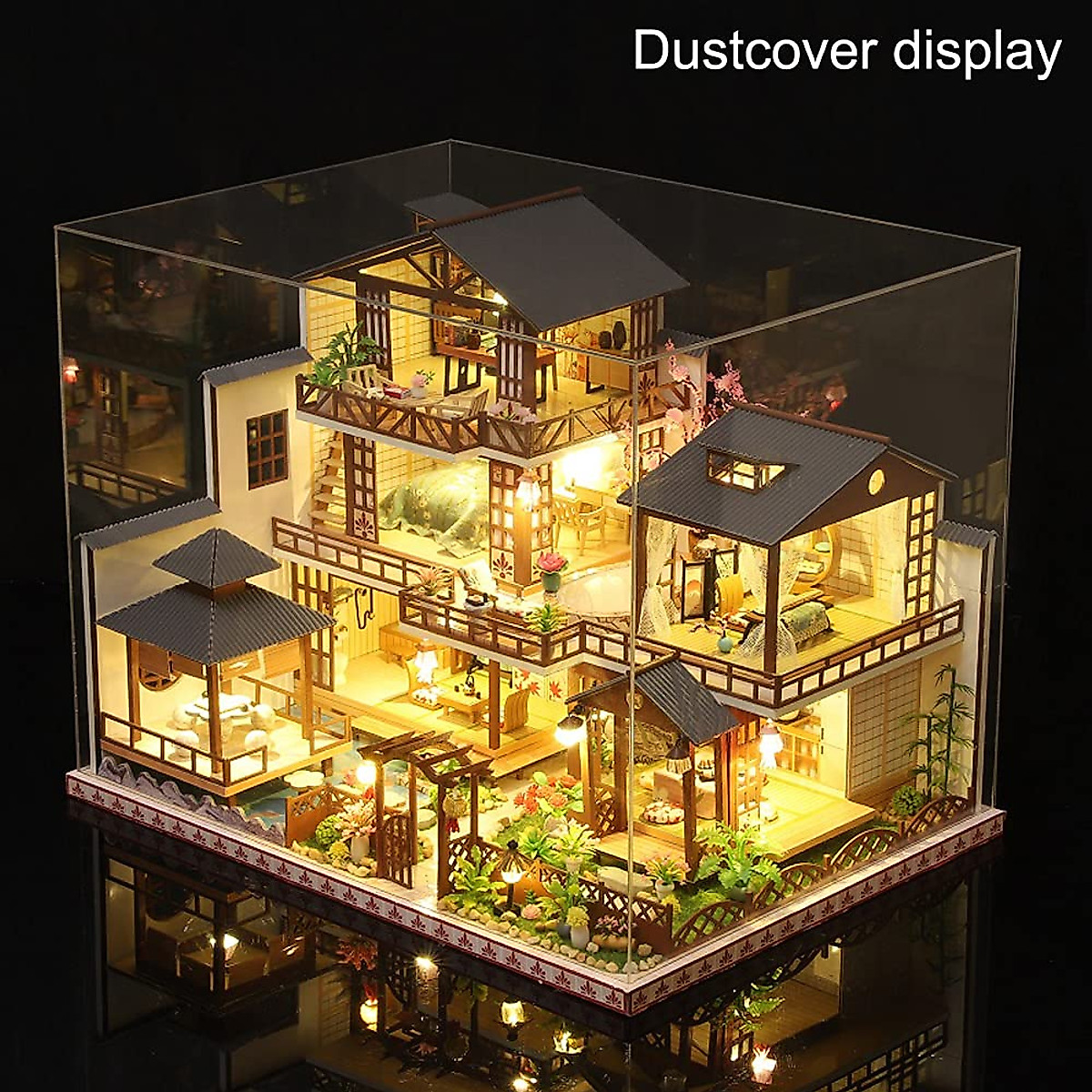 Yuzhen DIY Miniature Dollhouse Kit with Furniture and LED Lights, Japanese Wooden Dollhouse Includes Dustcover and Music Box, Collectibles for Hobbies