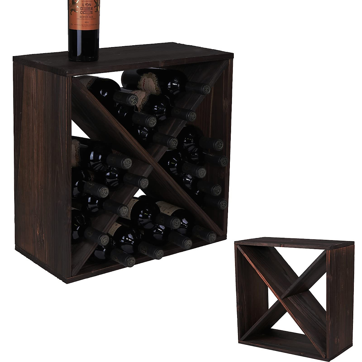 fdjamy Wine Rack countertop Wooden Stackable Storage Rustic Retro Style Cube 24-Bottle Wooden Wine Rack Wine Cabinet (Dark Brown)