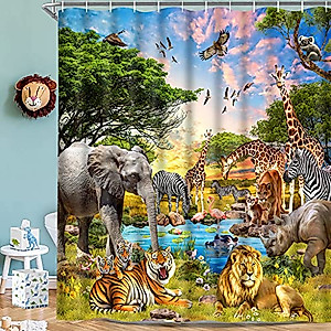 Funny Wild Animal Shower Curtain Sets with Memory Foam Bath Mat, Non-Slip Bath Rugs and Toilet Lid Cover, Kids Jungle Nature Shower Curtains for Bathroom with Hooks, Lion Tiger Elephant Bathroom Set