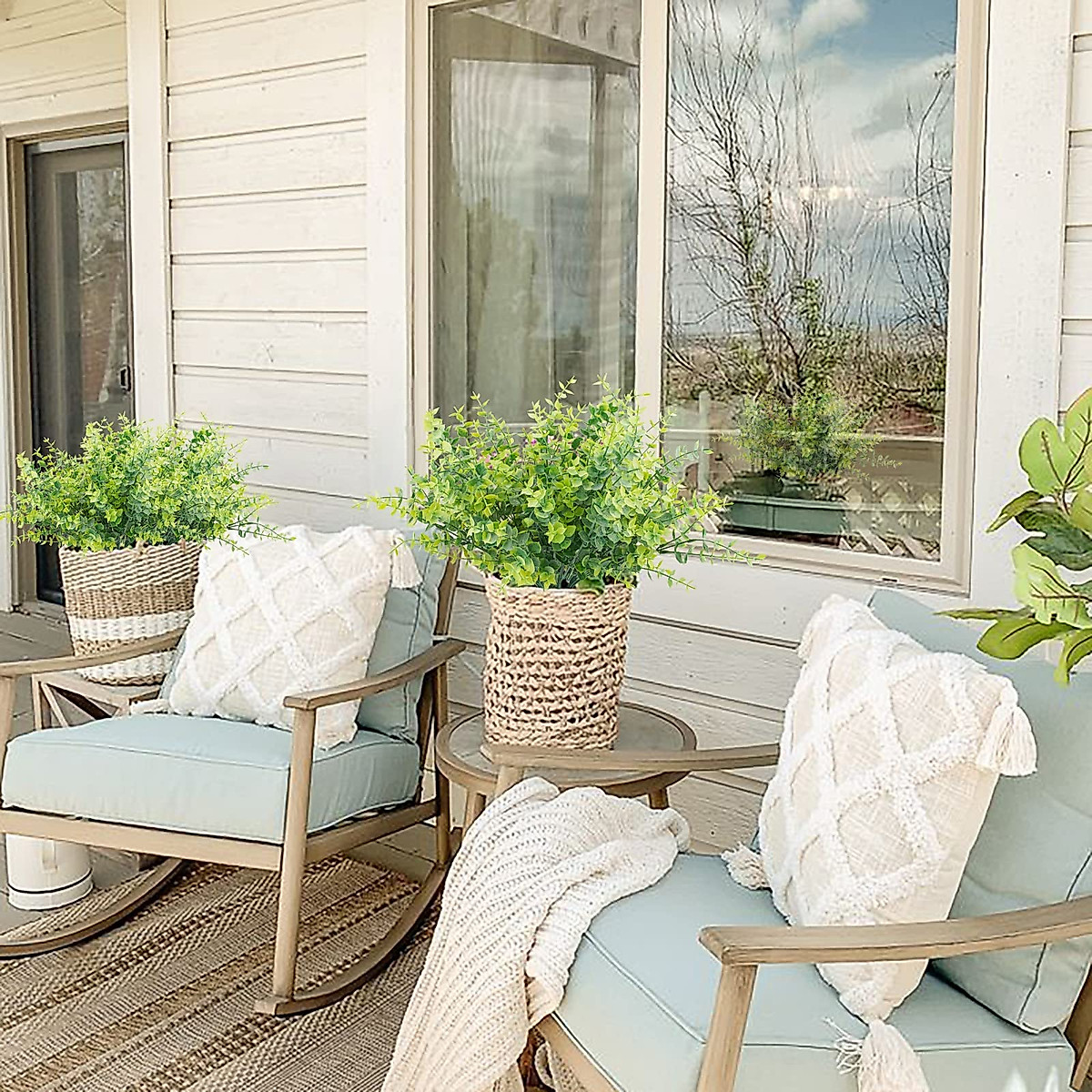 Dehoxara Artificial Boxwood 6 Bundles, Artificial Greenery Stems Fake Outdoor Plants UV Resistant No Fade Desk Plant for Home Office Bathroom Garden Porch Hanging Planter Window Box Decorating