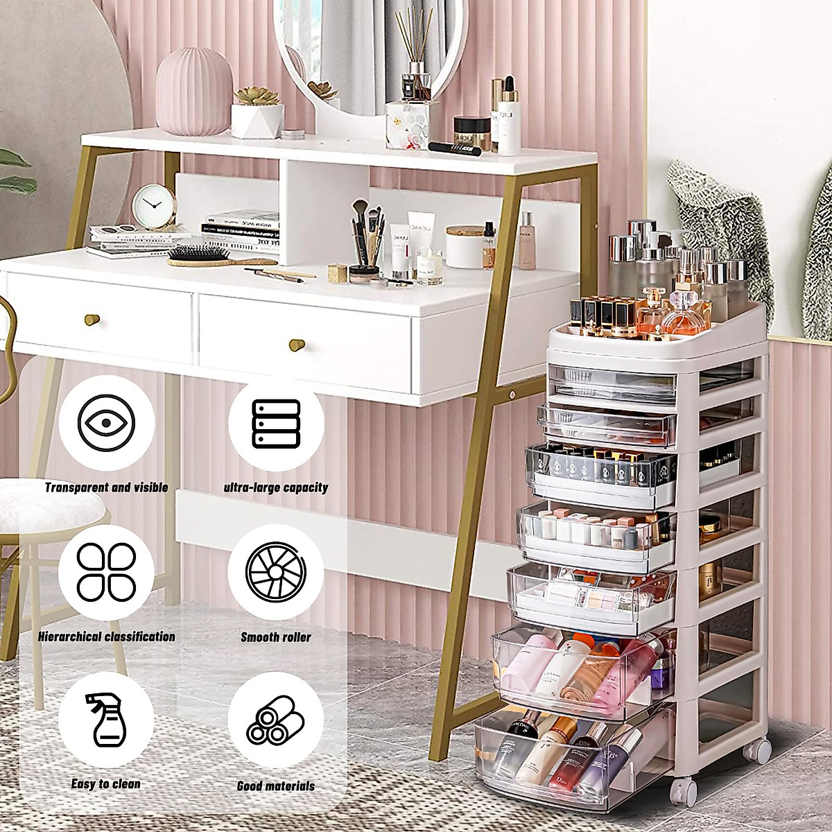 HamRoRung Makeup Storage Organizer with Drawers, Put 35 Lipstick, 18 Eyeshadow and 20 Brushes, Makeup Storage Cabinet, Floor Makeup Organizer with Wheels for Bedroom, Bathroom, Near the Vanity