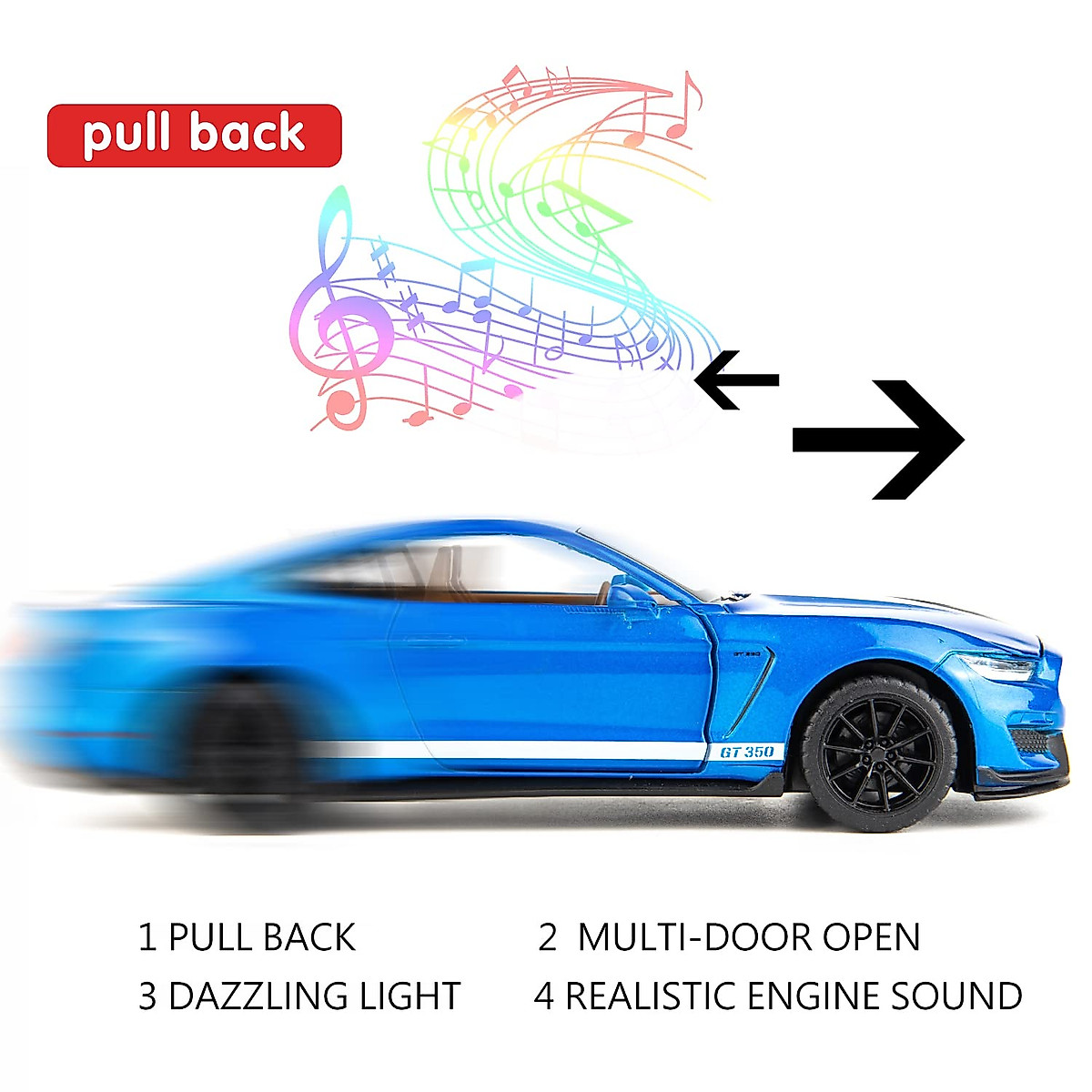 WAKAKAC Diecast Car1/32 Shelby GT350 Model Car Pull Back Collectible Toy Car with Sound and Light Toy Vehicle for Boys Adults Gift (Blue)