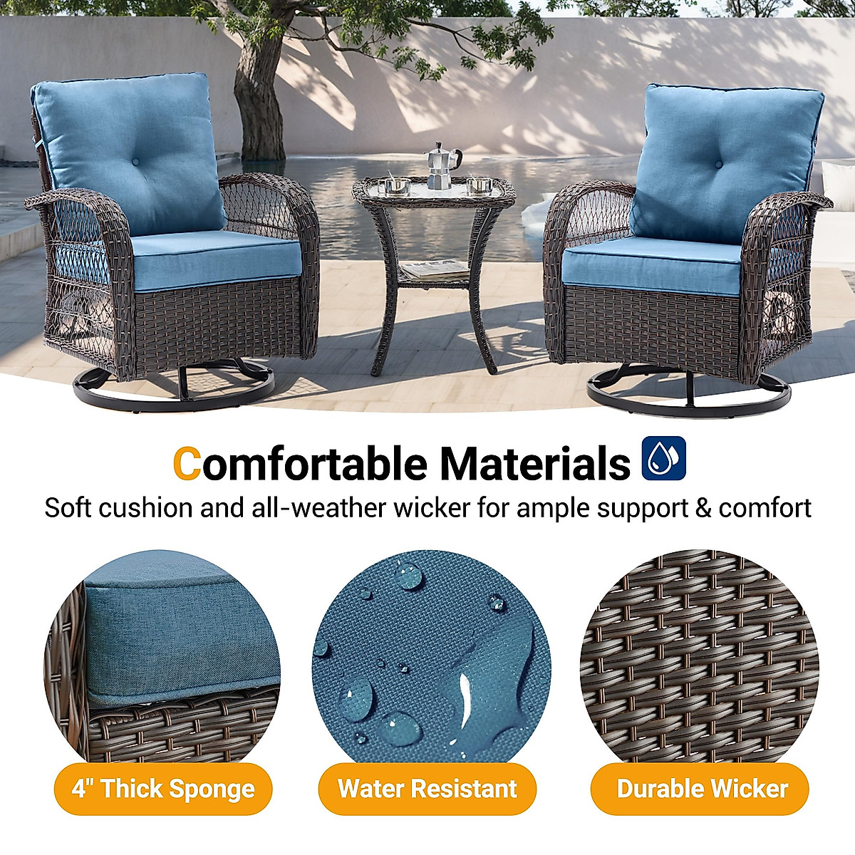 UDPATIO 3 Pieces Patio Furniture Set, Outdoor Swivel Gliders Rocker, Wicker Patio Bistro Set with Rattan Rocking Chair, Glass Top Side Table and Thickened Cushions for Porch Deck Backyard (Blue)