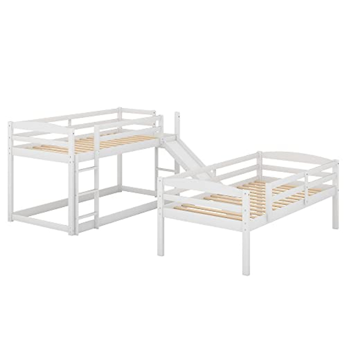 KoiHome Twin Over Twin Over Twin Adjustable Triple Bunk Bed with Slide & Two Ladders, Full-Length Guardrail & Solid Slat Support, Space-Saving for Kids Teens Bedroom, No Box Spring Needed, White