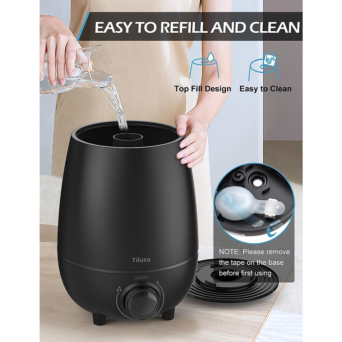 Humidifiers for Bedroom, Tiluza 3L Cool Mist Humidifier for Home Plant and Baby Nursery, Top Fill Quiet Ultrasonic Air Humidifier with 360° Nozzle, Auto Shut-Off, Filterless