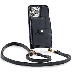 iPhone 13/14 Pro Max Case Faux Leather Wallet - Crossbody Purse Credit Card Holder Wallet - RFID Blocking, Clear ID Window, Exterior Slot Magnetic Closer Wallet w/Detachable & Expandable Leathr Strap