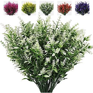 20 Bundles Artificial Lavender Flowers Outdoor Fake Flowers Faux Plants Plastic Bouquet Fake Greenery UV Resistant No Fade Faux Shrubs Home Garden Porch Patio Office Yard Indoor Decoration (White)