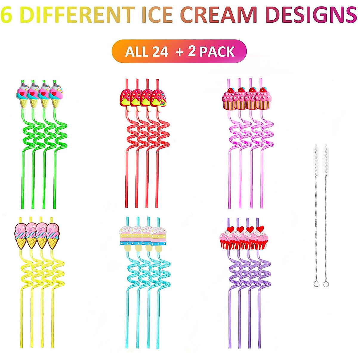 Reusable Ice Cream Straws Party Favors Supplies,24Pcs Plastic Cupcake Fun Cute Long Crazy Silly Spiral Drinking Straws for Kids Birthday Hawaiian Beach Cocktail Luau Party Decorations 1 Cleaning Brush