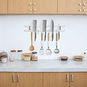 WANLISELL Magnetic Knife Holder for Wall 17.7 Inch Stainless Steel Magnetic Knife Holder Heavy Duty Wall Mounted Magnet Bar Rack With Hooks, Kitchen Utensil Holder