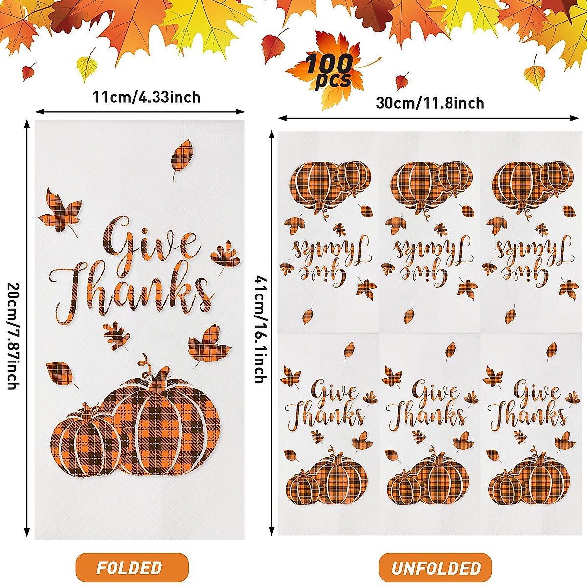100 Pcs Disposable Thanksgiving Napkins Fall Leaves Paper Napkin Give Thanks Pumpkin Guest Towels for Autumn Harvest Fall Decoration, Home Kitchen Bathroom Dinners or Events Holiday Party Napkins