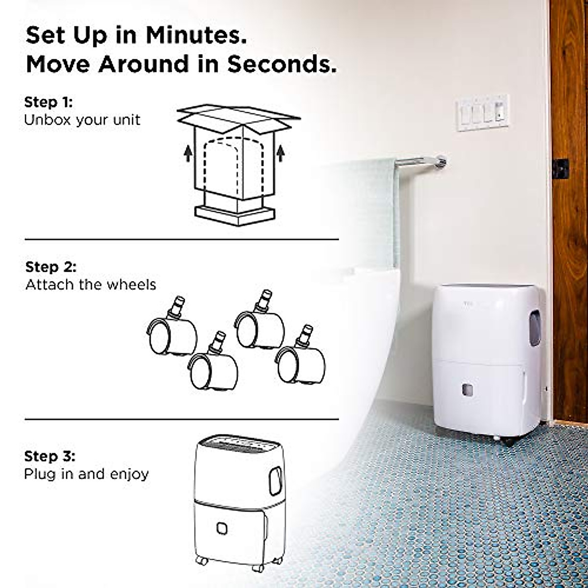 TCL Home Smart 50 Pint Dehumidifier, 4,500 Sq. Ft, App & Voice Control, Set Up in Minutes, Easy Maintenance, Basements, Bedrooms (50D91), White