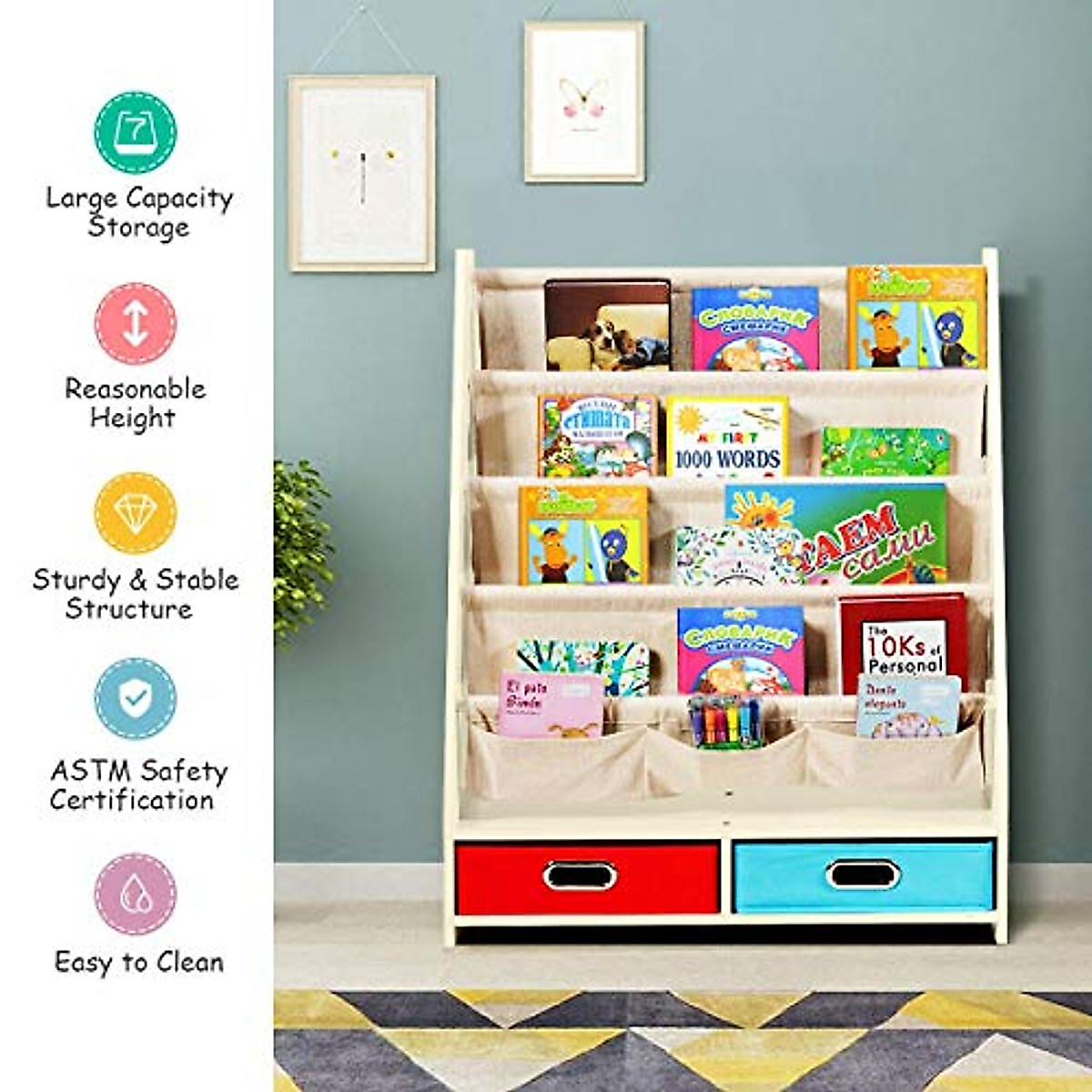 Costzon Kids Bookshelf, Wooden 4 Sling Book Shelves with 2 Pull-Out Toy Storage Boxes, Classroom Display Book Rack Organizer Furniture for Toddlers Kids Room, Nursery, Bedroom (Beige)