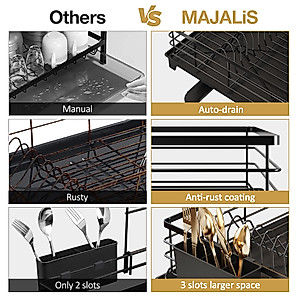 MAJALiS 304 Stainless Steel Dish Drying Rack for Kitchen Counter, 2 Tier Large Dish Draines, Dish Strainers with Drainboard Set, Dish Dryer Rack with Utensil Holder, Knife Holder (Black)