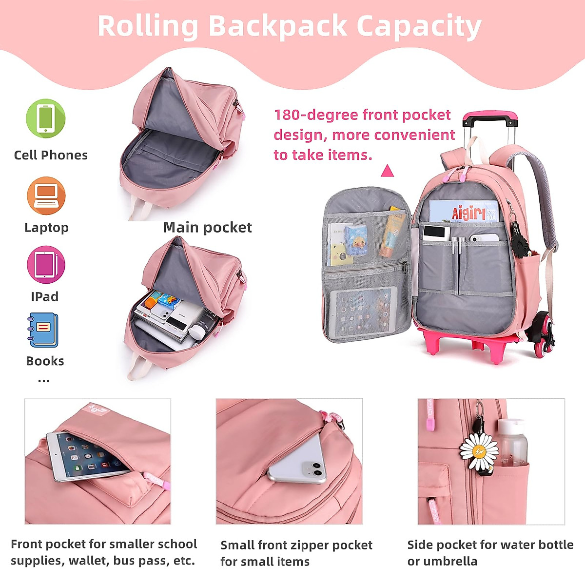 Rolling Backpack for Kids Elementary and Middle School Students with Wheel Travel Backpack Girls Solid Color School Bag