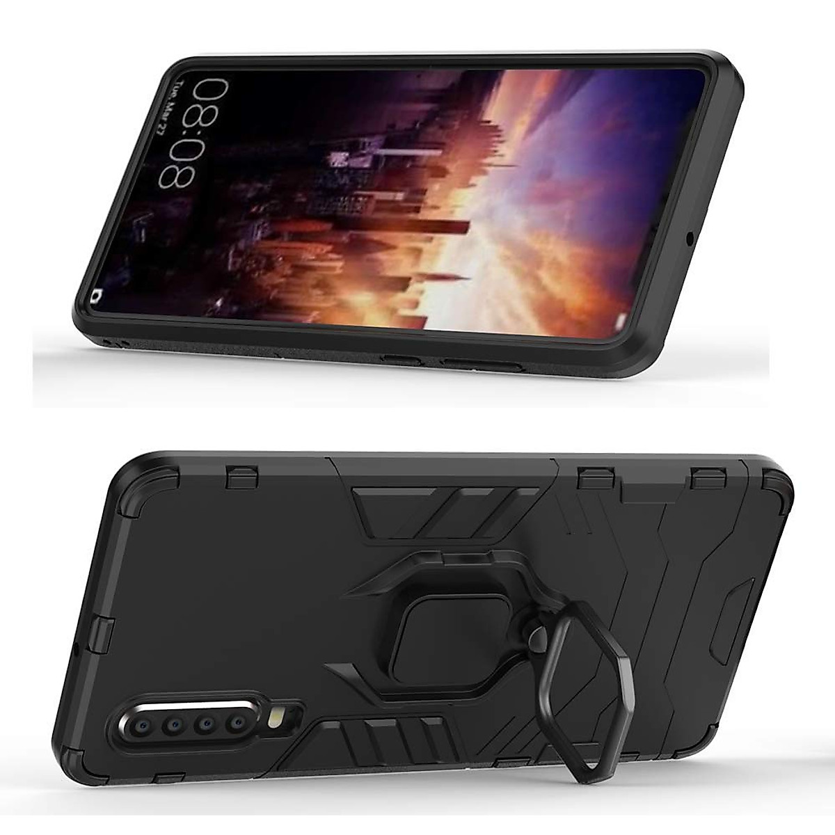 Phone Case for Huawei P30 with Tempered Glass Screen Protector Cover and Magnetic Ring Holder Stand Kickstand Slim Hard Cell Accessories Huwai Hawaii Hwauei Haweii P 30 Boys Women Girls Cases Black