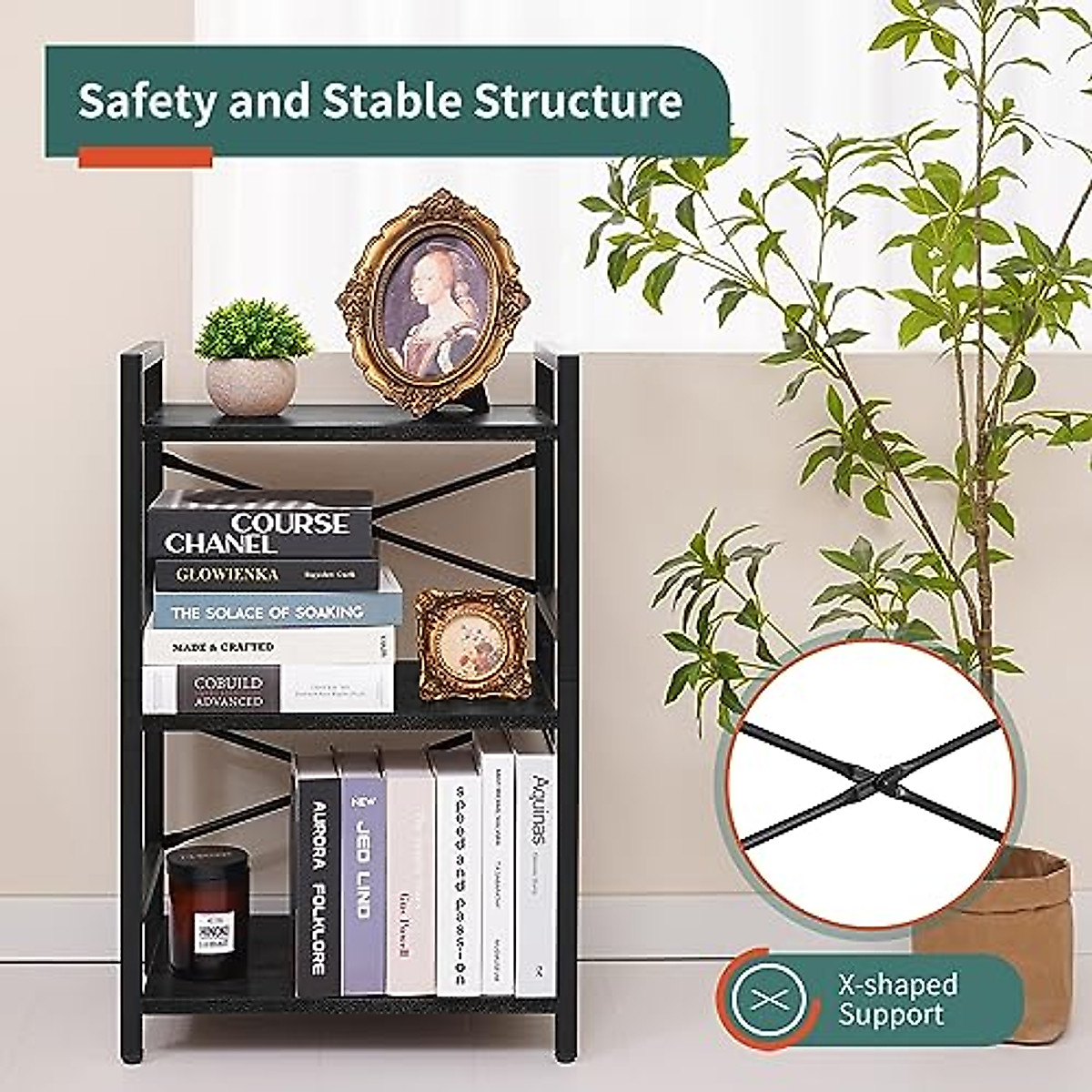 Yoobure Bookshelf Small Book Shelf, Solid Industrial 3 Tier Shelf Bookcase, Short Book Case for Bedroom, Living Room, Office Home, Small Spaces, Easy Assembly Black