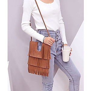 Quniko Cowgirl Crossbody Bag Fringe Messenger Bag Purse for Women Girls, Brown