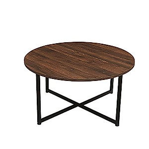 Household Essentials Jamestown Round Coffee Table Mid Century Walnut Wood Grain and Black Metal
