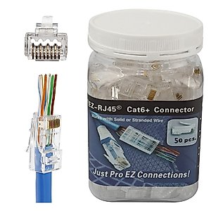 PETECHTOOL RJ45 CAT6A CAT6 Pass Through Connectors 23 AWG Cables 50-Pack - End Bold Ethernet 8P8C Gold Plated Modular Plug for Unshielded Twisted Pair Solid Wire & Standard Cables