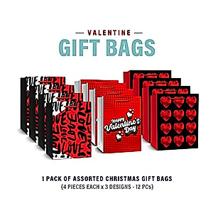 Easykart 12 PCs Valentines Day Paper Gift Bags with Handle 9.5 x 7.75 inch, Elegant Coated Art Paper Wrapping Bags Cardboard Bags for Valentine’s Day Party Favors Funny Gift Exchange Novelty Gift Giving Gift Wrapping