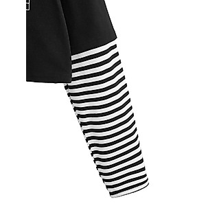 SweatyRocks Women's Color Block Butterfly Print Striped Long Sleeve Crop Top T Shirt Graphic Black White L