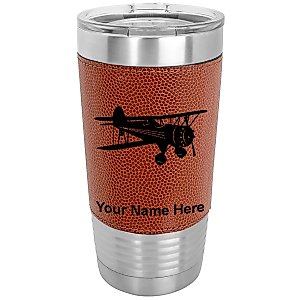 LaserGram 20oz Vacuum Insulated Tumbler Mug, Biplane, Personalized Engraving Included (Faux Leather, Basketball Style)