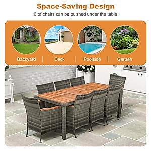 HAPPYGRILL 9 Pieces Outdoor Dining Set, Acacia Wood and Rattan Furniture Set with 1 Large Rectangular Table and 8 Chairs with Cushions, Patio Wicker Dining Table and Chairs Set